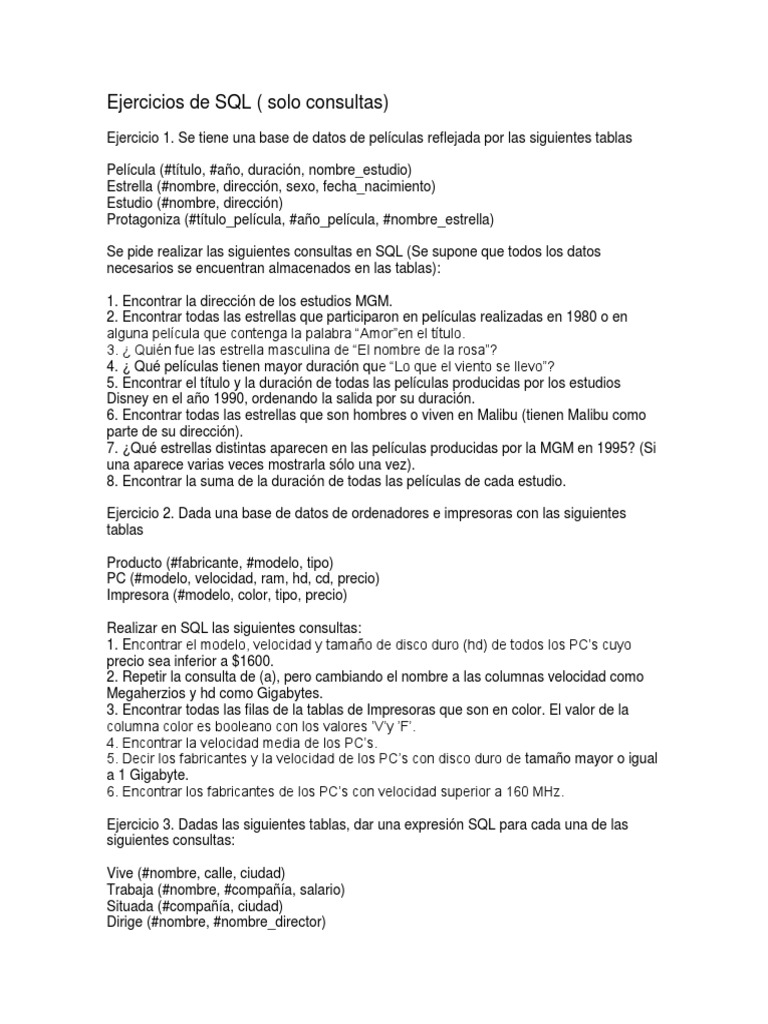 Ejercicios de SQL | PDF | SQL | Bases de datos