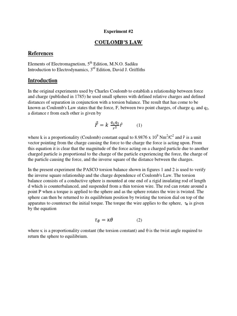 Coulomb's Law Experiment Guide | PDF | Force | Capacitor