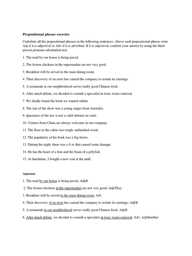 Prepositional Phrase Exercise: Answers | PDF