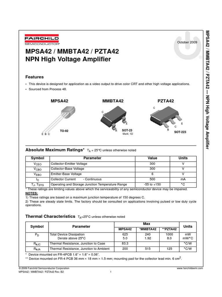 Mpsa42 / Mmbta42 / Pzta42 NPN High Voltage Amplifier: Features ...