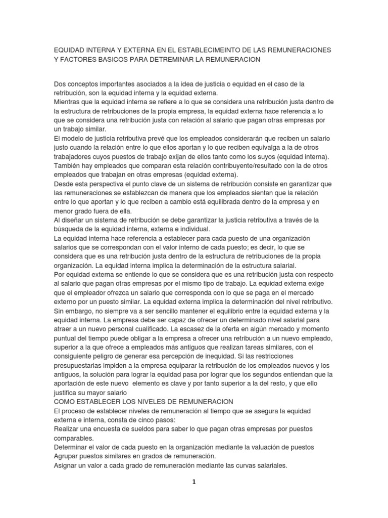 Equidad Interna y Externa en El Establecimeinto de Las Remuneraciones y ...