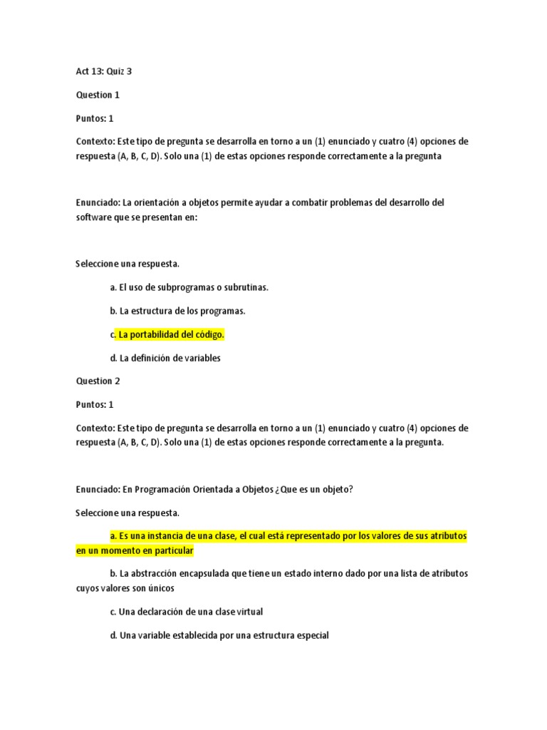 Quiz Tres Programacion Orientada A Objetos | PDF | Herencia ...