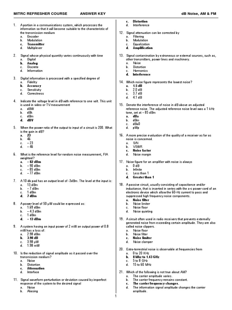 Comms 1 Refresher Course Answers | PDF | Frequency Modulation | Amplifier