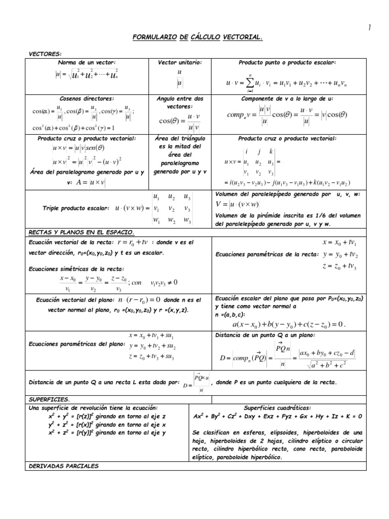 Formulario de Cálculo Vectorial | PDF | Vector Euclidiano | Integral