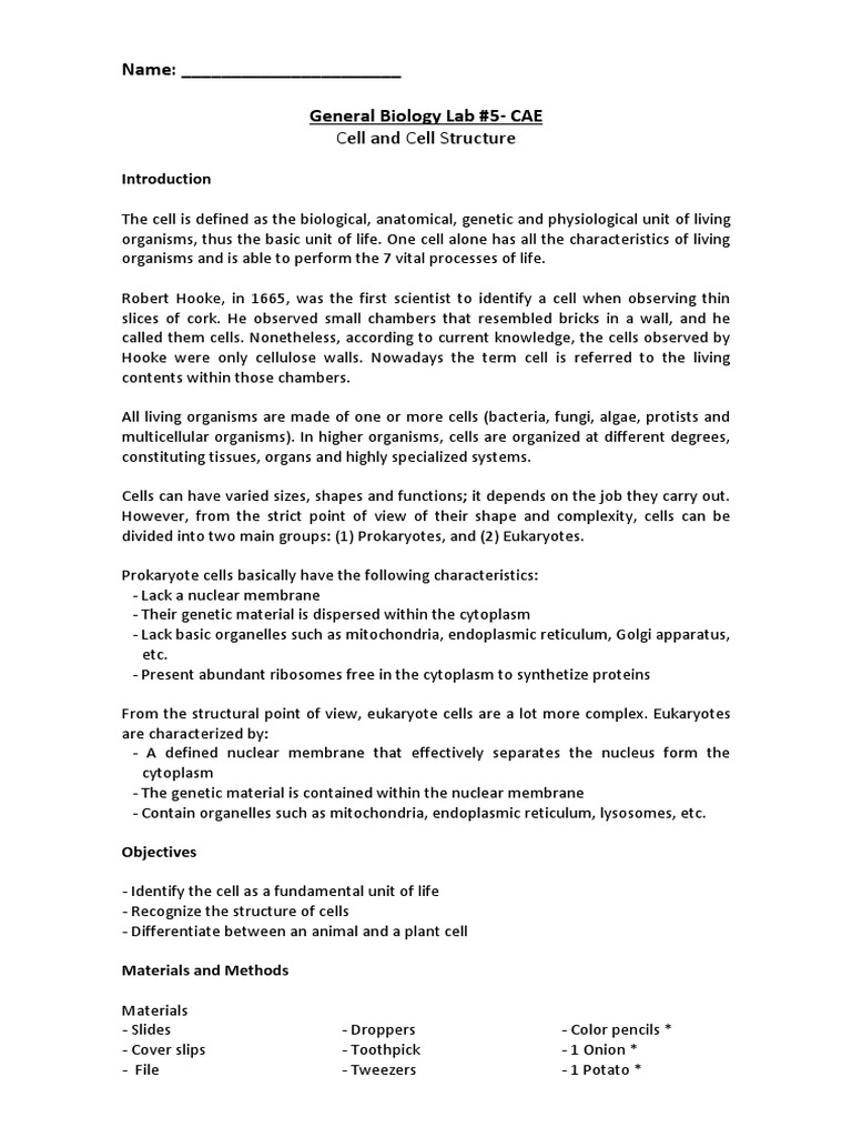 Lab 5 The Cell - Cell Structure | PDF | Cell (Biology) | Organisms