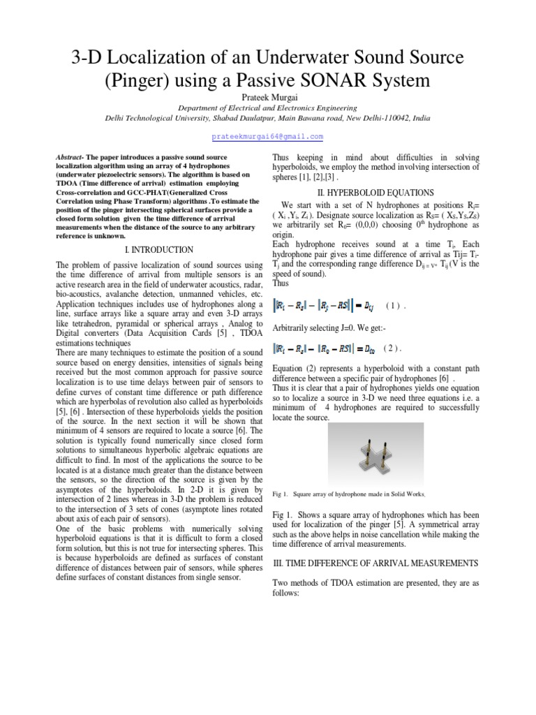 Passive Localization of an Underwater Sound Source Using Intersection of Spheres Based on Time ...