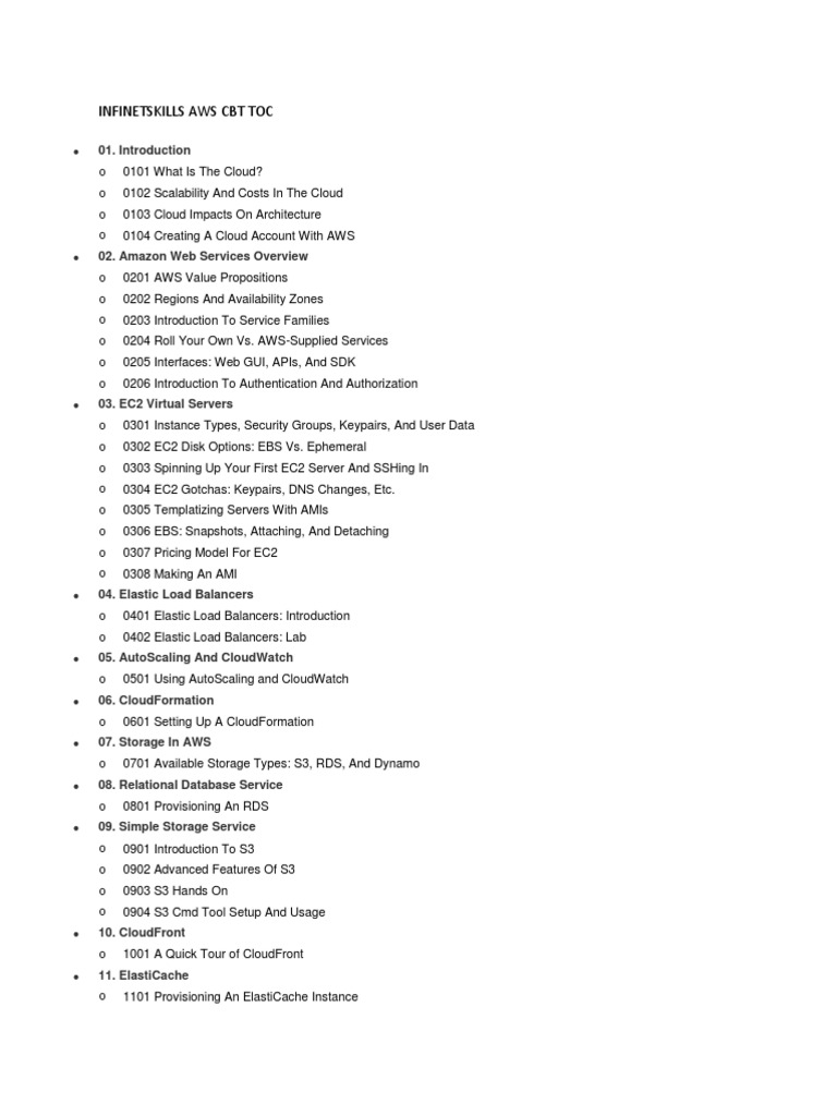 Infinetskills Aws CBT Toc | PDF | Amazon Web Services | Load Balancing (Computing)