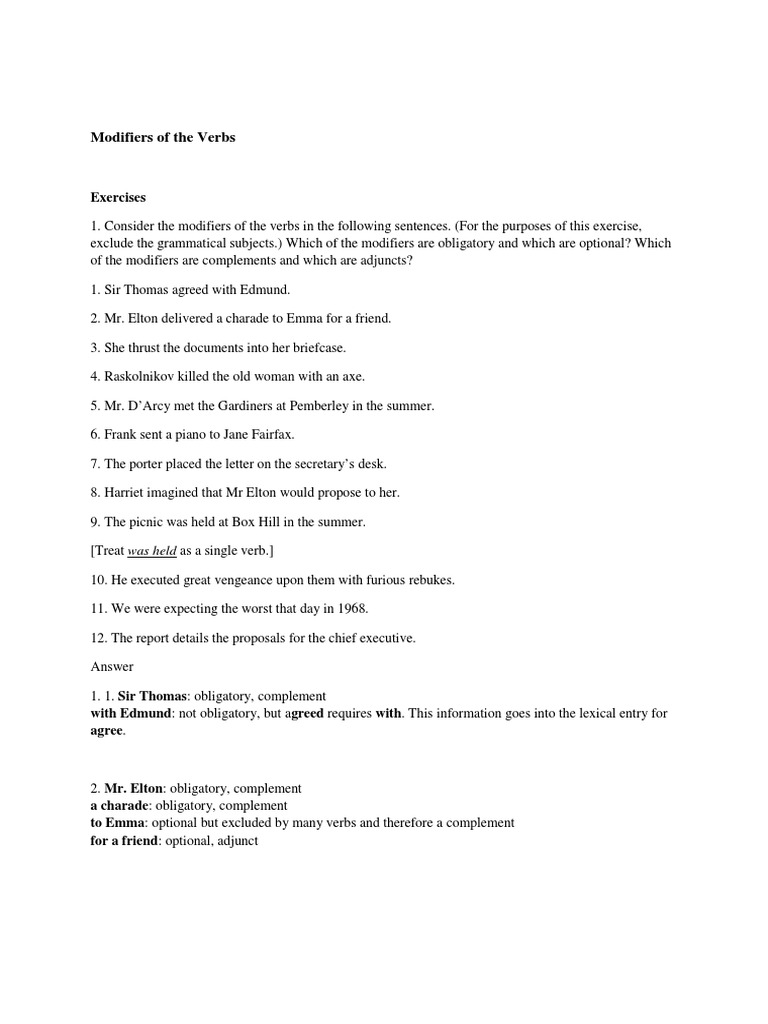 Modifiers of the Verbs Exercise | Emma (Novel) | Verb