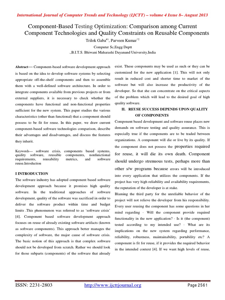 Component Based Testing Optimization Comparison Among Current Component Technologies And
