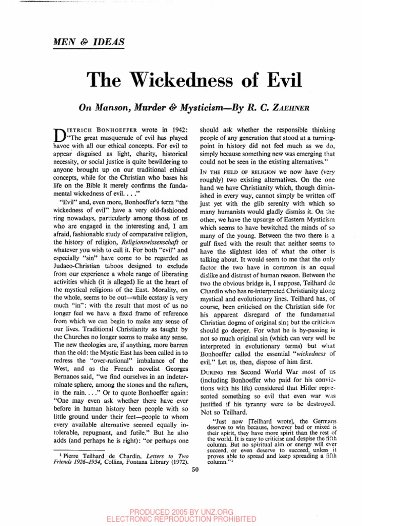 The Wickedness of Evil by R.C. Zaehner | PDF | Absolute (Philosophy) | Evil