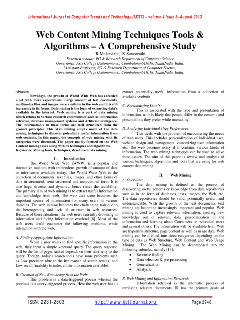 Web Content Mining Techniques Tools & Algorithms - A Comprehensive Study | PDF | World Wide Web ...