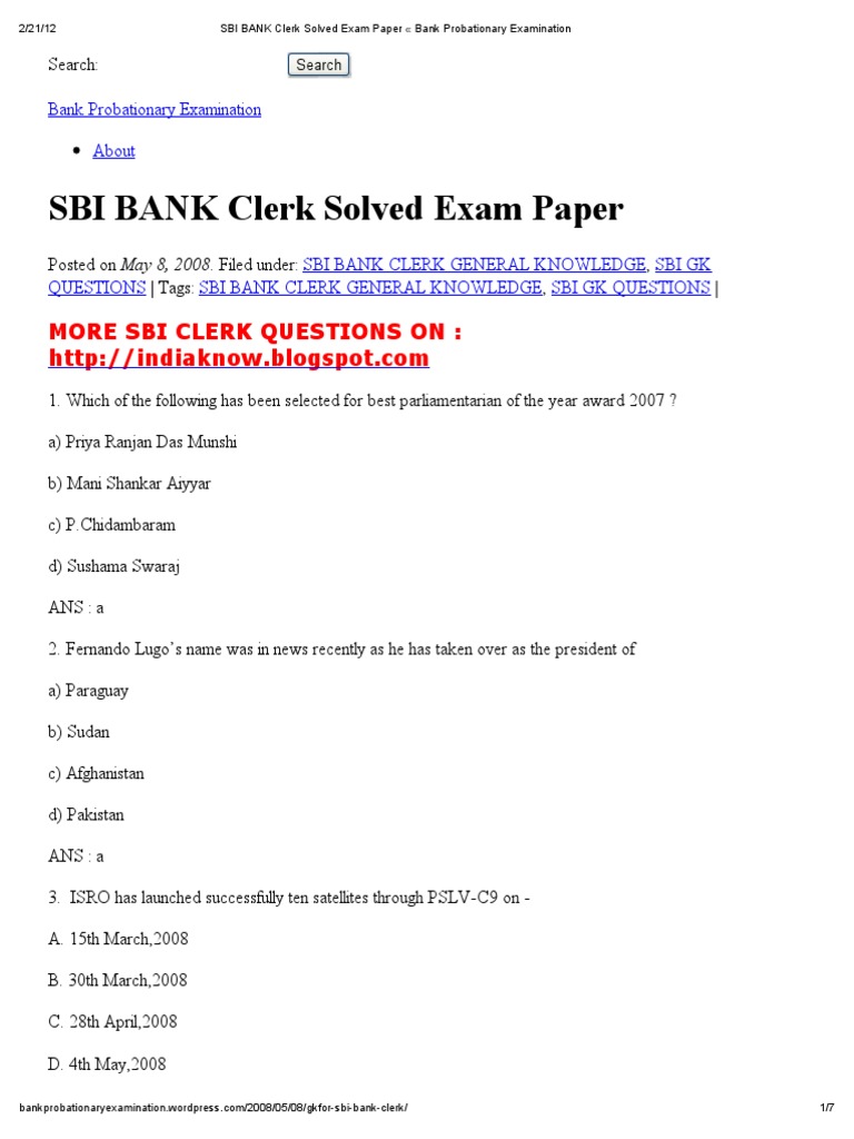 (WWW - Entrance-Exam - Net) - SBI BANK Clerk Solved Exam Paper | PDF