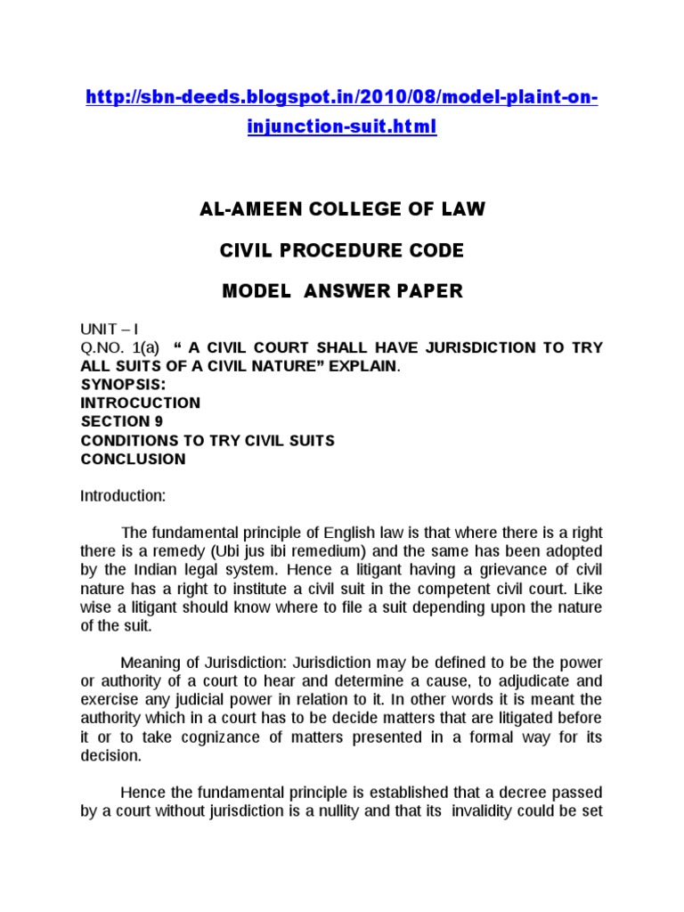 Injunction-Suit - HTML: Al-Ameen College of Law Civil Procedure Code Model Answer Paper | PDF ...