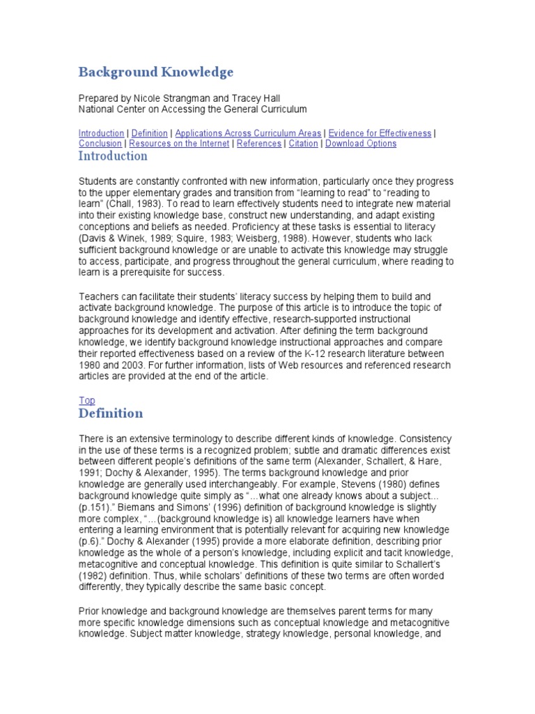 Background Knowledg1 | PDF | Reading Comprehension | Reading (Process)