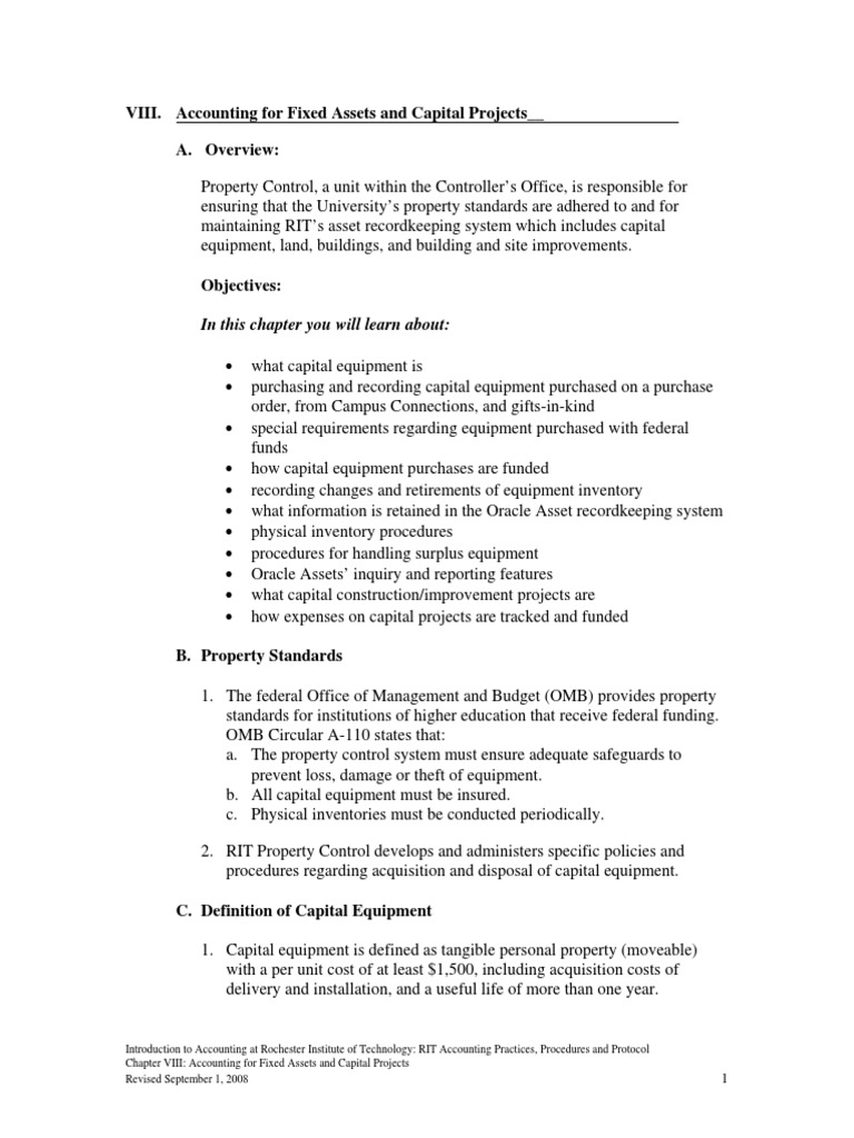 VIII. Accounting For Fixed Assets and Capital Projects - A. Overview ...