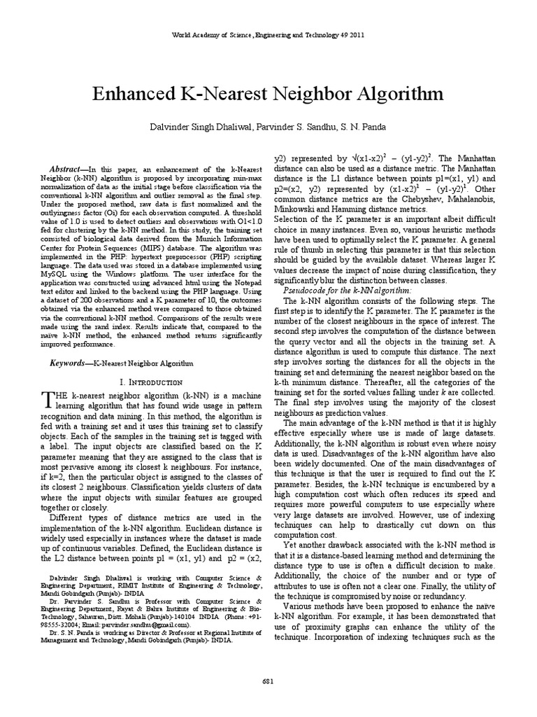 Enhanced K-Nearest Neighbor Algorithm: Dalvinder Singh Dhaliwal, Parvinder S. Sandhu, S. N ...