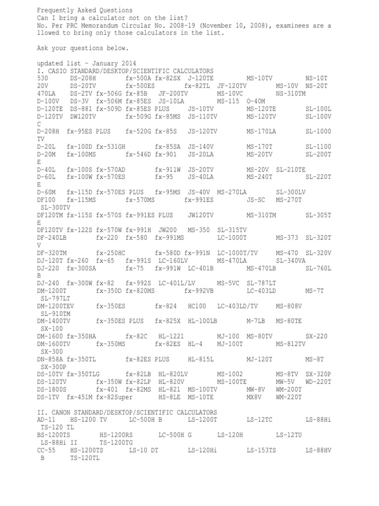 Allowed Calculators Done | PDF | Office Work | Computing