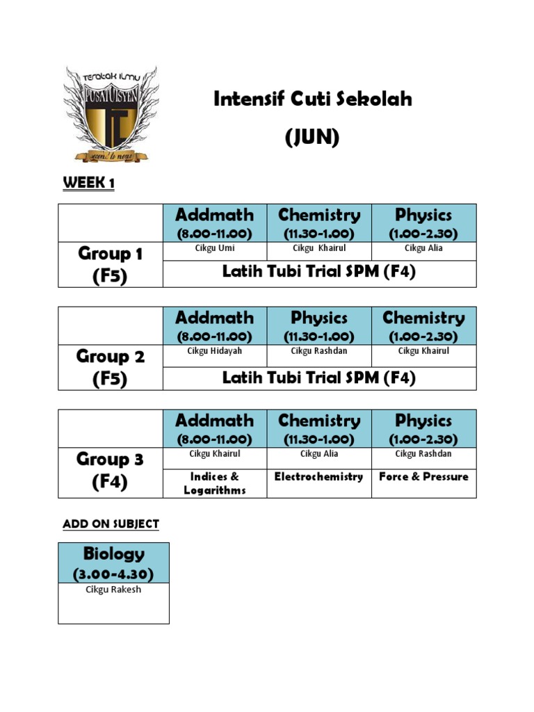 Weekly SPM Intensive Class Schedule | PDF