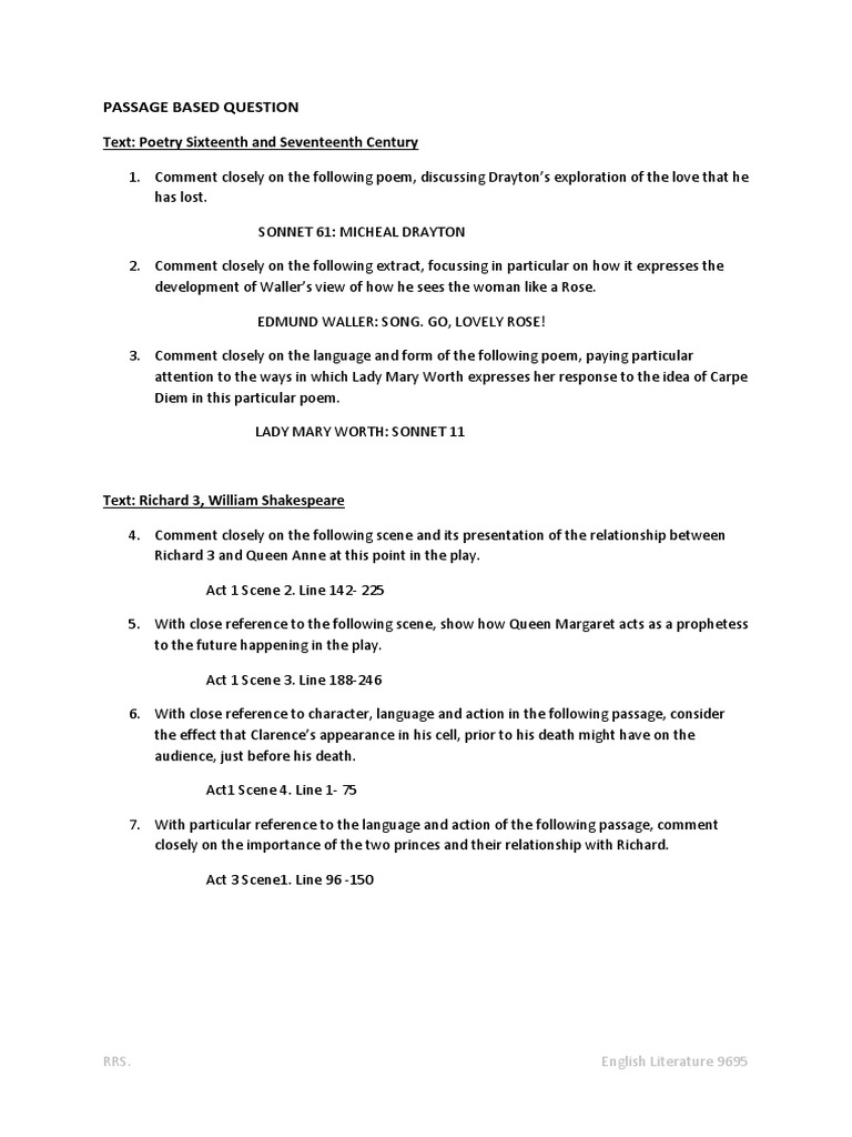 Passage Based Question: Text: Poetry Sixteenth and Seventeenth Century ...