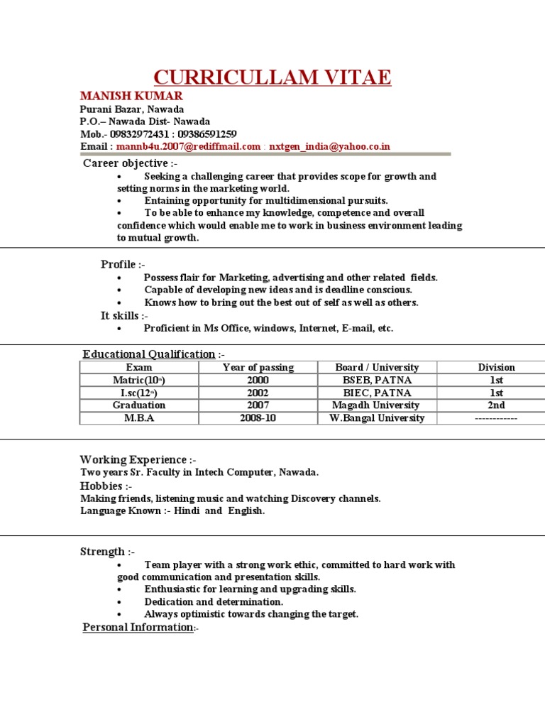 Manish Kumar's Curriculum Vitae | PDF | Behavior Modification | Psychology