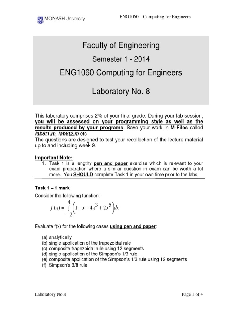 Numerical Integration Lab: Calculating Water Volume in a Lake Using ...