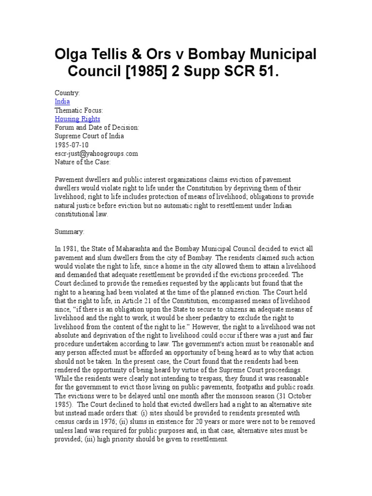 Olga Tellis Housing Rights Case Summary | PDF | Estoppel | Civil Law ...