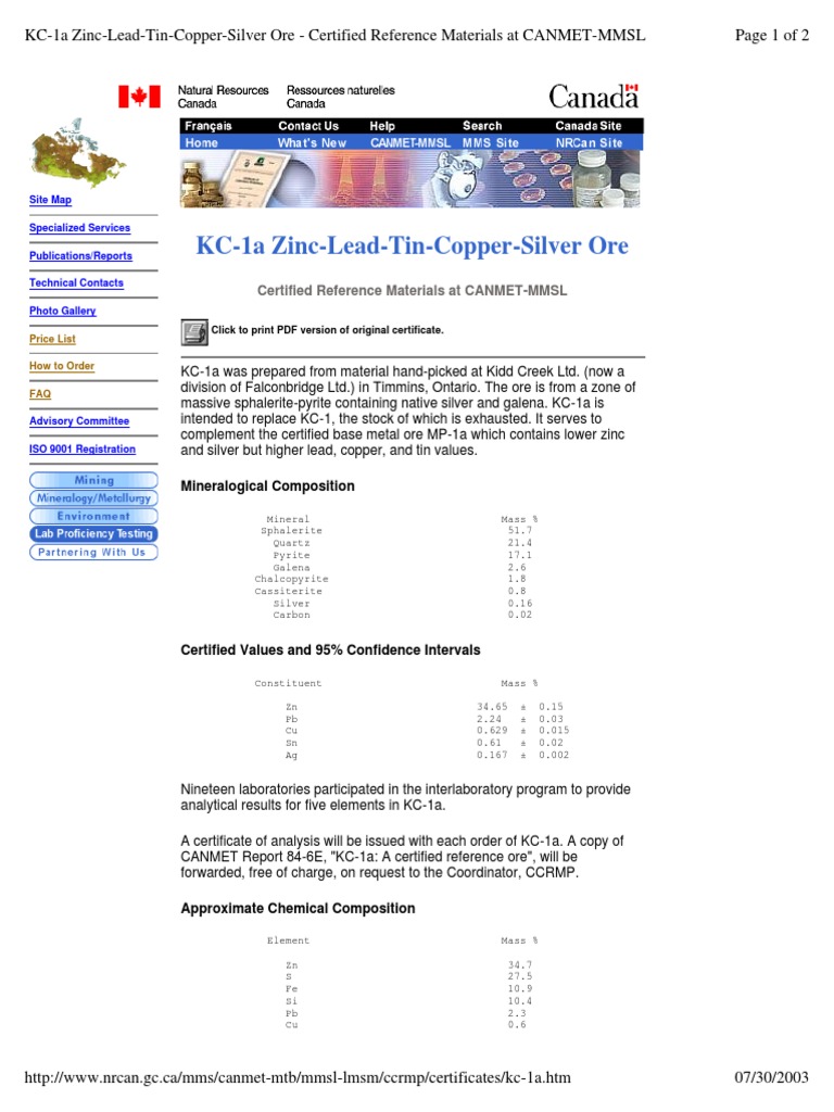 Canmet Kc1 A | PDF | Ore | Silver