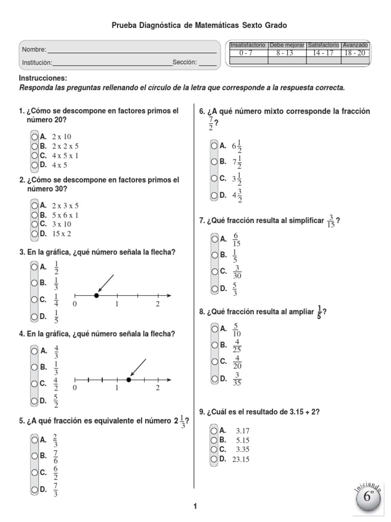 Prueba Diagnóstica Matemáticas 6to Grado | PDF