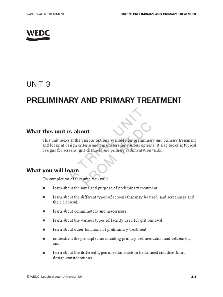 WWT Unit 3 Preliminary and Primary Treatment | PDF | Sewage Treatment ...