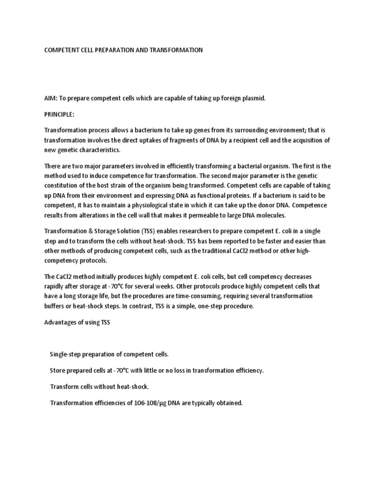 Competent Cell Preparation and Transformation | PDF | Transformation ...