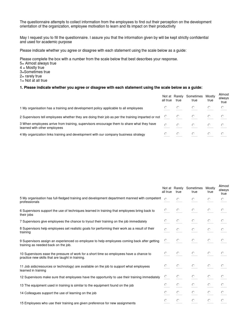 Training and Development Questionnaire | Employment | Motivation