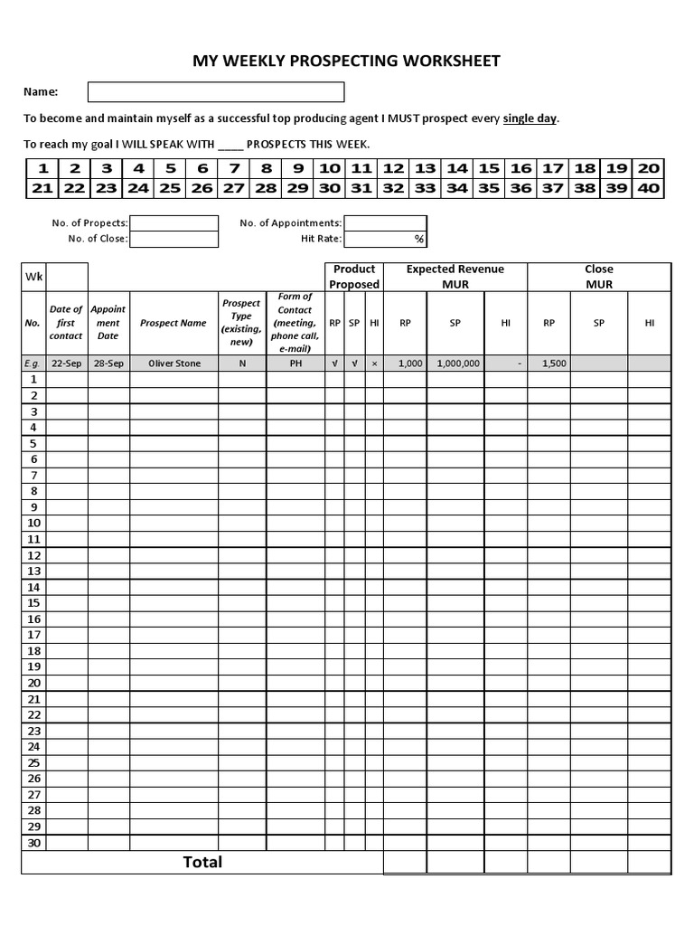 Weekly Prospecting Worksheet Template | PDF