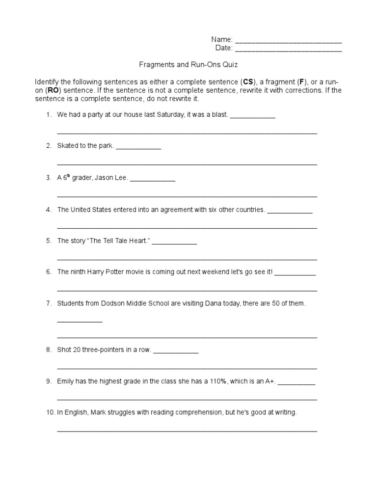 Grammar: Fragments and Run-Ons Quiz | PDF