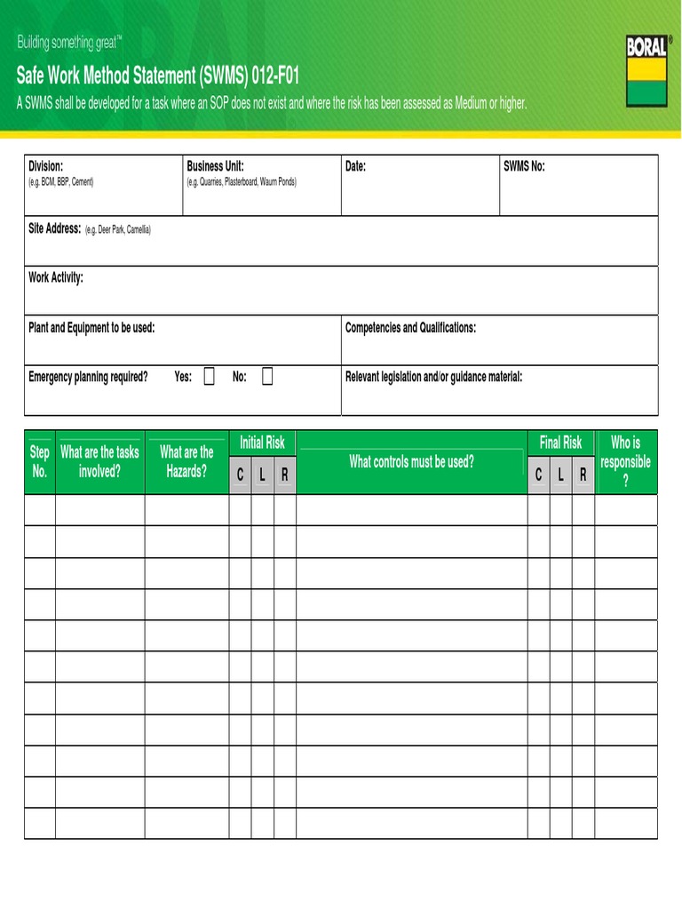 Safe Work Method Statement (SWMS) 012-F01 | Personal Protective ...
