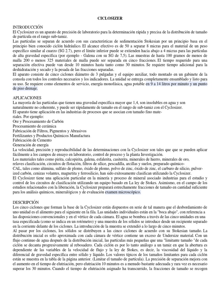 Cyclosizer: Análisis de Partículas Sub-Tamiz | PDF | Minerales | Agua