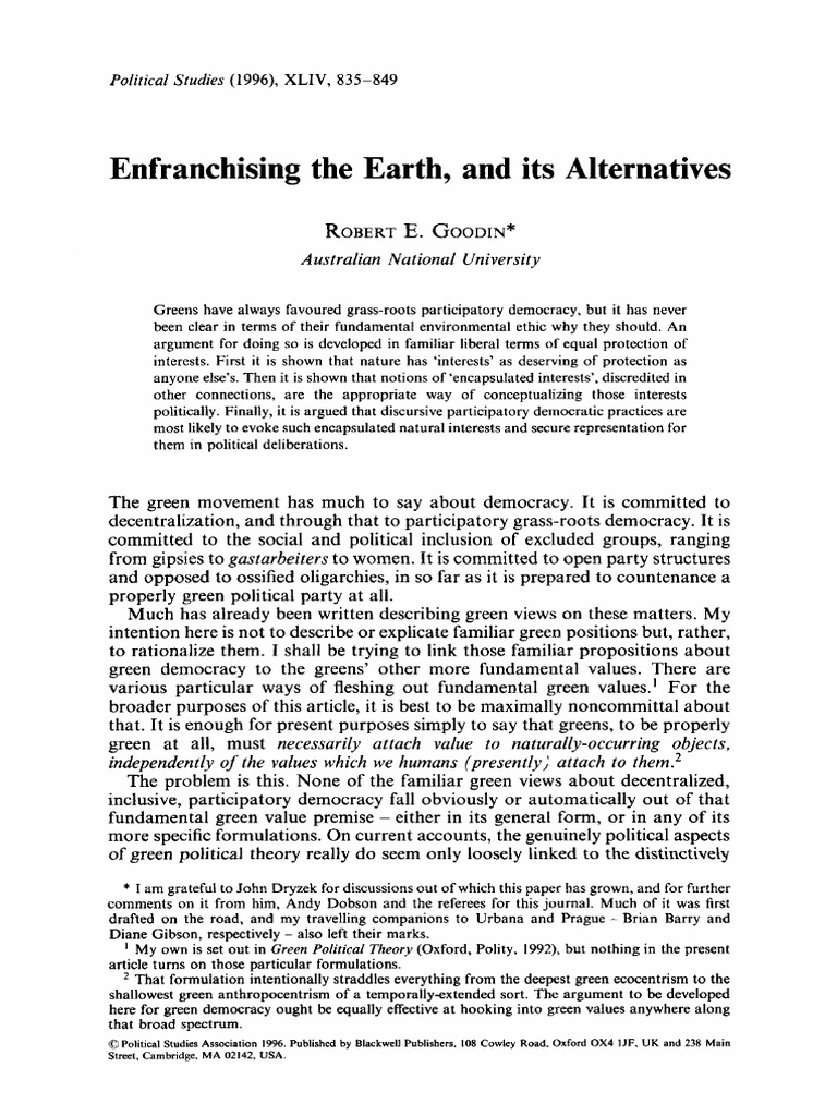 Goodin Enfranchising The Earth | PDF | Democracy | Political Ideologies