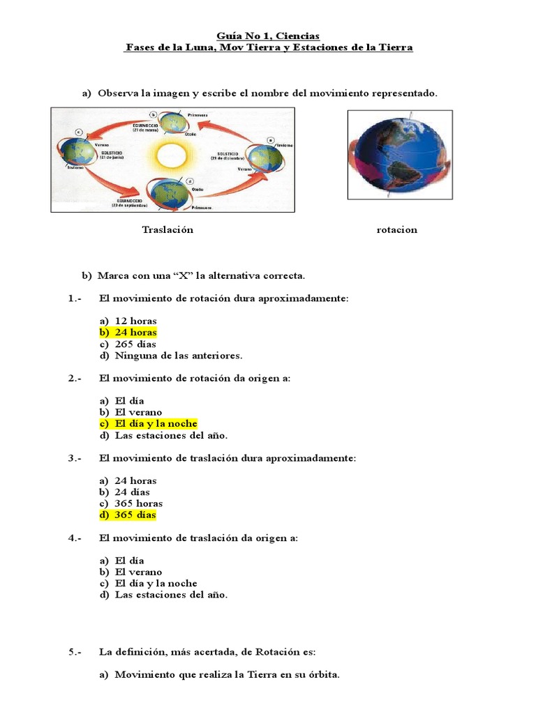 Guía No 1, Ciencias Fases de La Luna, Mov Tierra, Estaciones Año | PDF ...