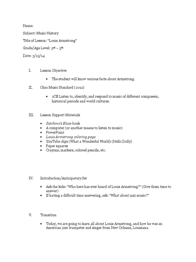 Louis Armstrong Lesson Plan | PDF | Entertainment (General) | Leisure