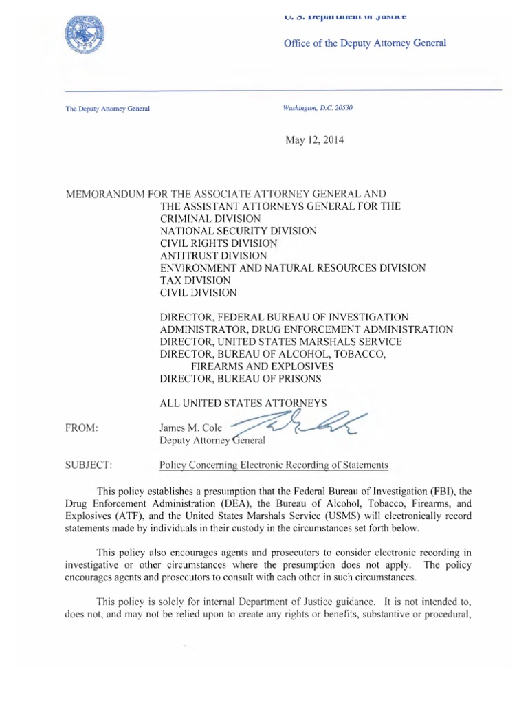 DOJ Memo On New Policy For Recording FBI Interrogations | Download Free ...