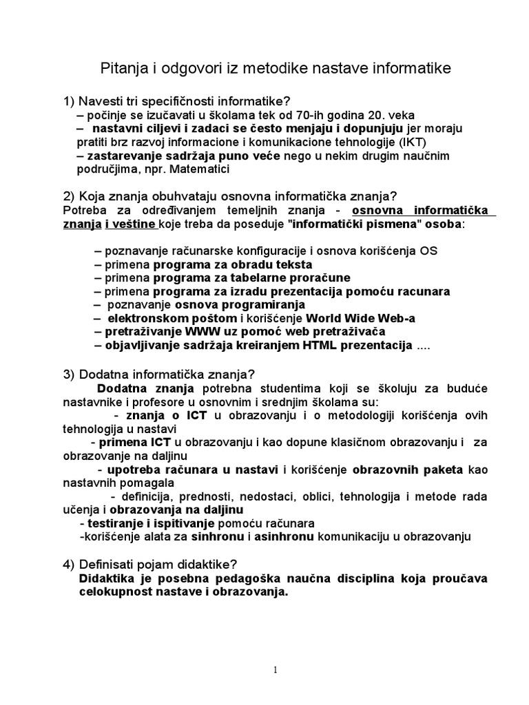 Pitanja I Odgovori Za Kolokvijum - Metodika Nastave Informatike | PDF