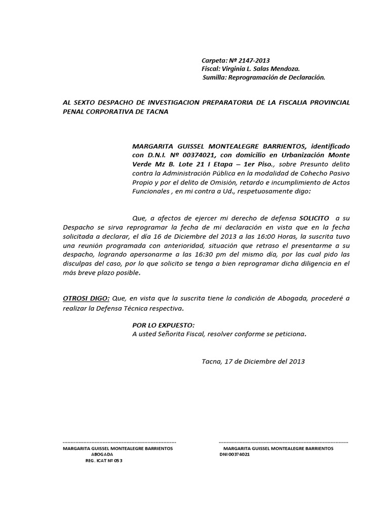 Escrito Solicita Reprogramacion de Declaracion