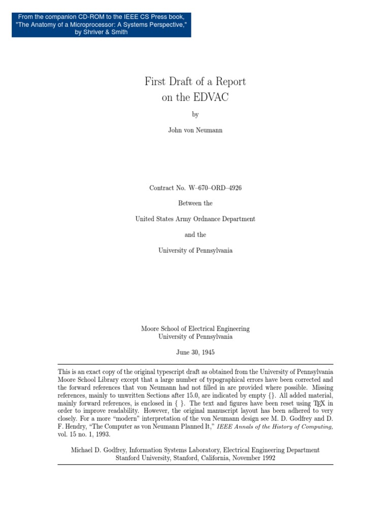 First Draft of A Report On The EDVAC - by John Von Neumann | PDF ...