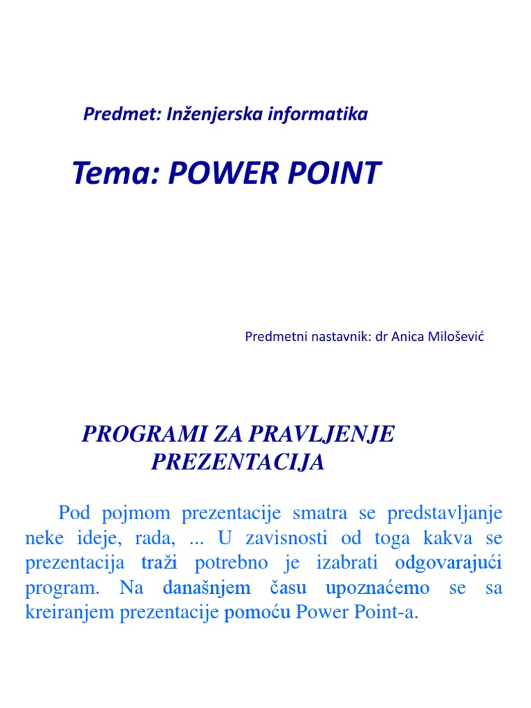 Tema: Power Point: Predmet: Inženjerska Informatika | PDF | Business
