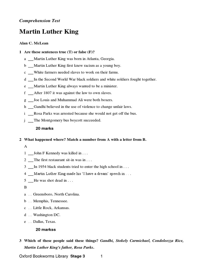 Martin Luther King Comprehension Test | PDF | Martin Luther King Jr ...