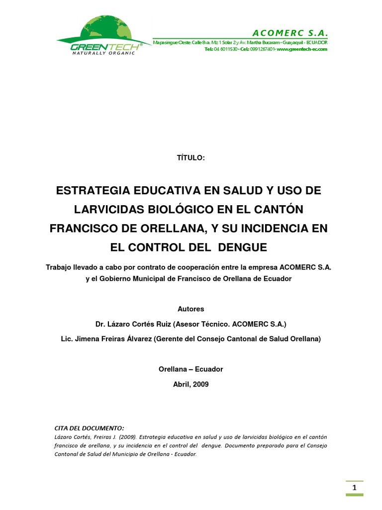 Uso Larvicida Biologico Bactivec en Control de Dengue | PDF ...