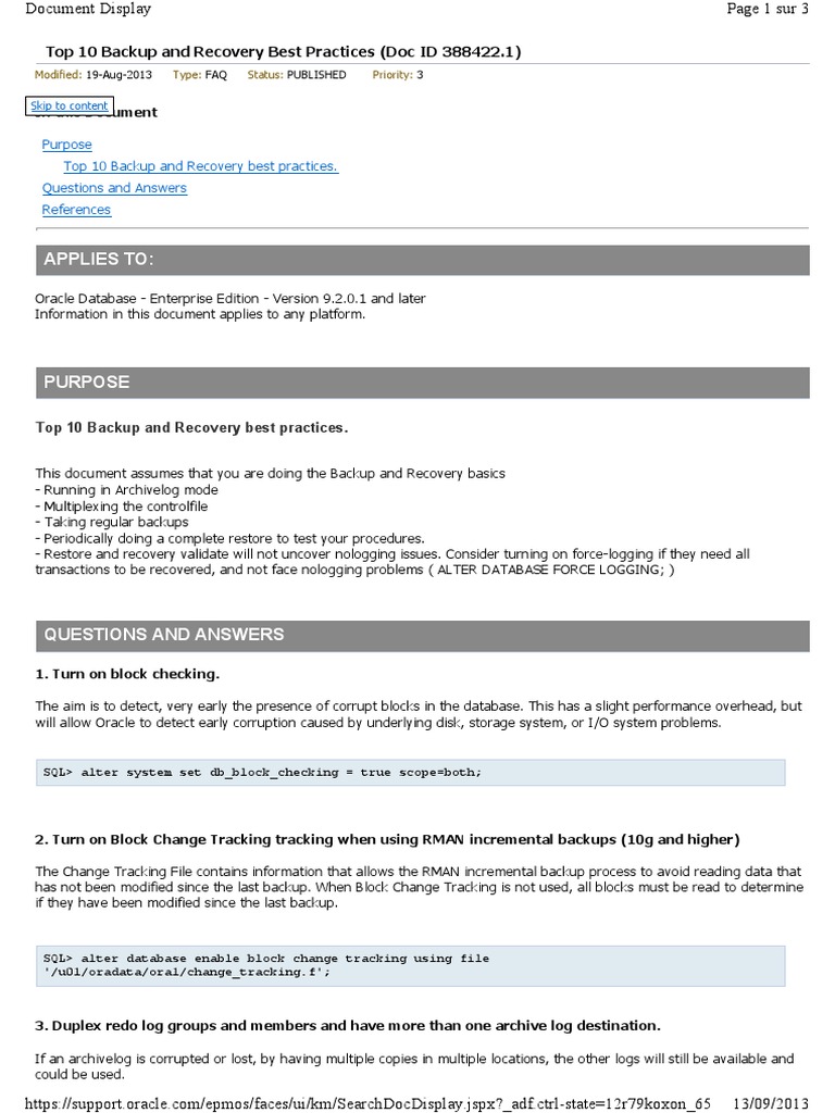 Top 10 Backup and Recovery Best Practices (Doc ID 388422.1) PDF | PDF | Backup | Oracle Database