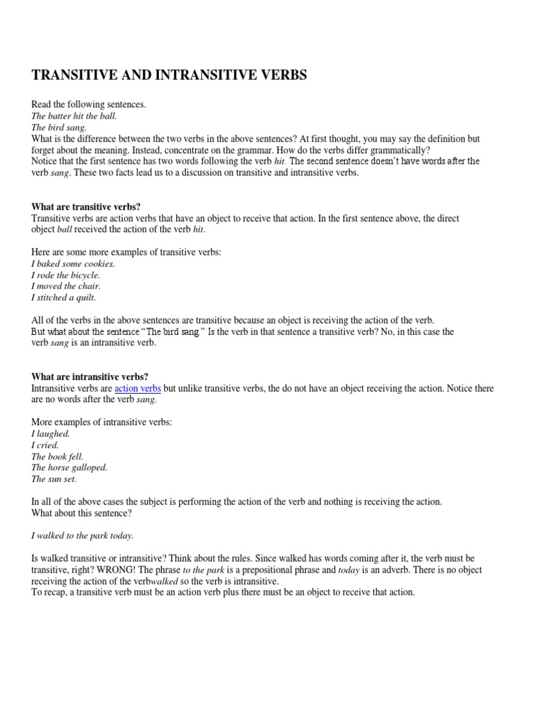 Transitive vs Intransitive Verbs Explained | PDF | Verb | Object (Grammar)