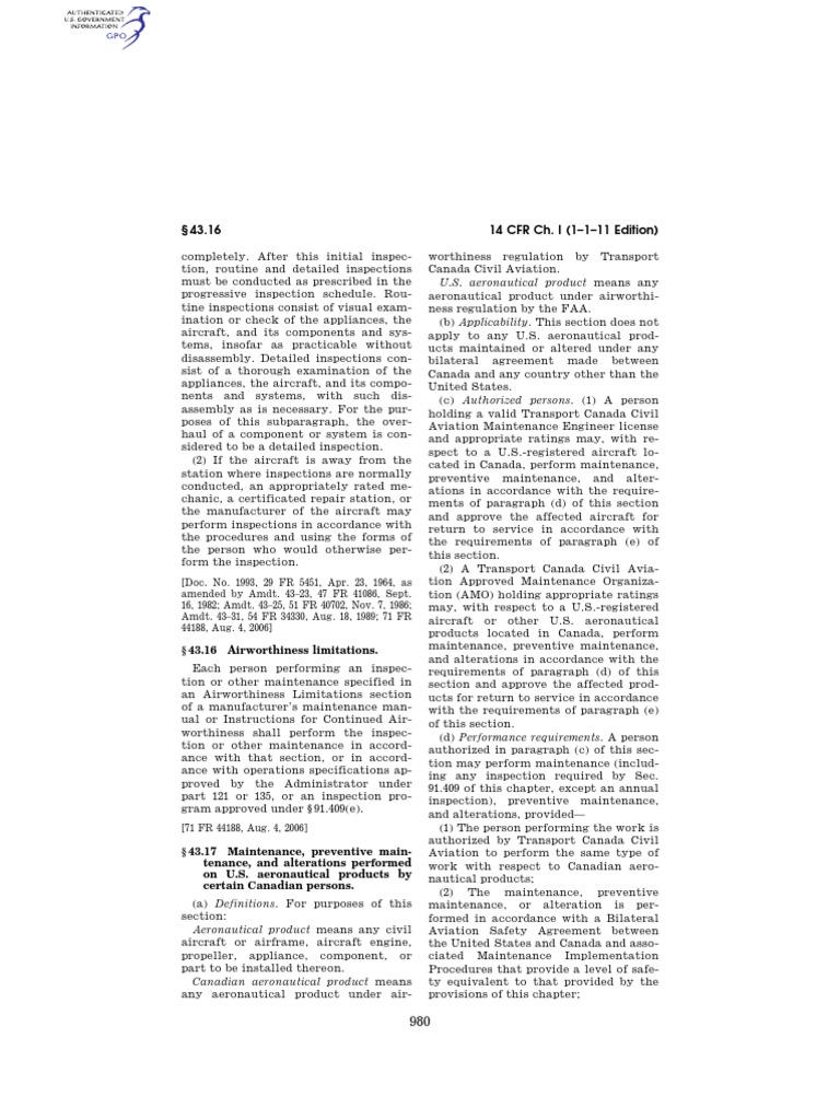 14 CFR 43.16 (2011) Airworthiness Limitations | PDF | Aviation | Transport