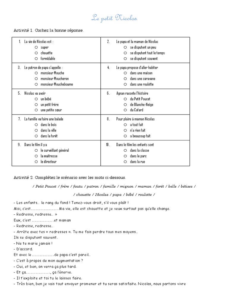 Le petit Nicolas fiche eleve elo.pdf | Nourritures | Loisirs