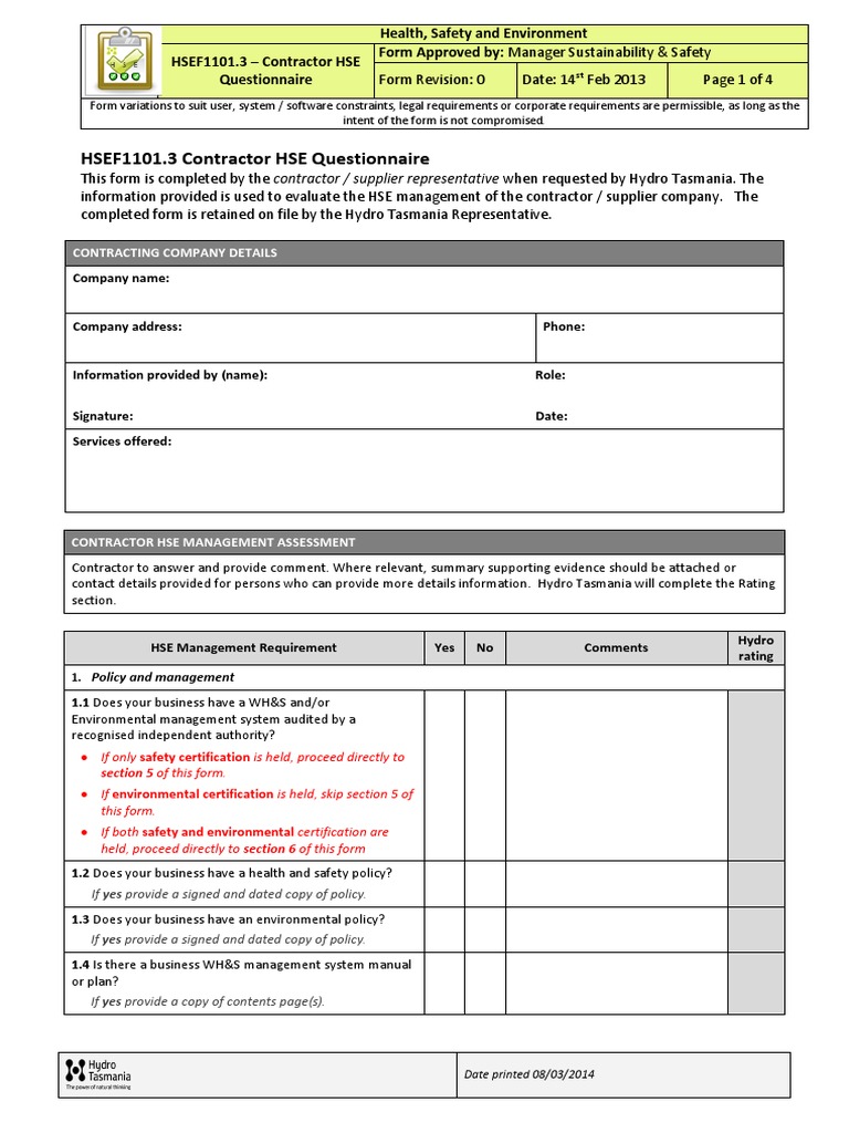 HSEF1101 3 Contractor HSE Questionnaire | PDF | Occupational Safety And ...